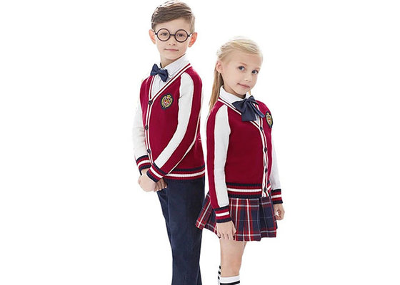 Anti - Pilling V Neck School Uniform Cardigan Sweaters Red And White Color
