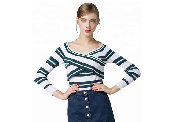 Sexy Lady Cozy Knit Sweater Long Sleeve V Collar Pullover With Striped Pattern