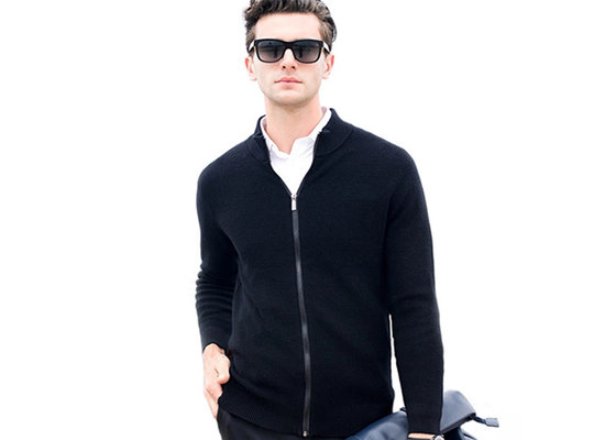Mens Full Zip Cardigan Sweater , Mens Black Long Sleeve Cardigan Wool Sweater