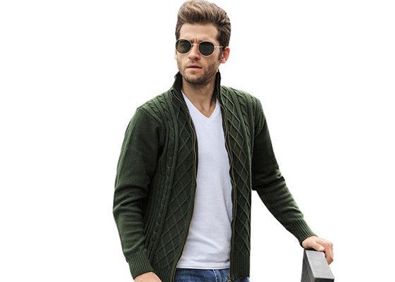 Jacquard Thick Long Cable Knitted Full Zip Army Green Cardigan Sweaters For Mens