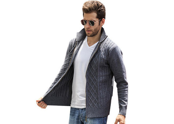 Jacquard Thick Long Cable Knitted Full Zip Army Green Cardigan Sweaters For Mens