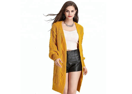 Winter Cable Cozy Knit Sweater Yellow Thick Open Front Cardigan For Woman