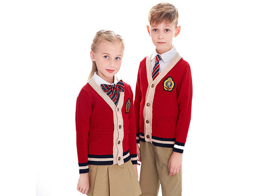 V Neck Long Sleeve School Uniform Sweaters 110cm - 170cm Size With Skirt