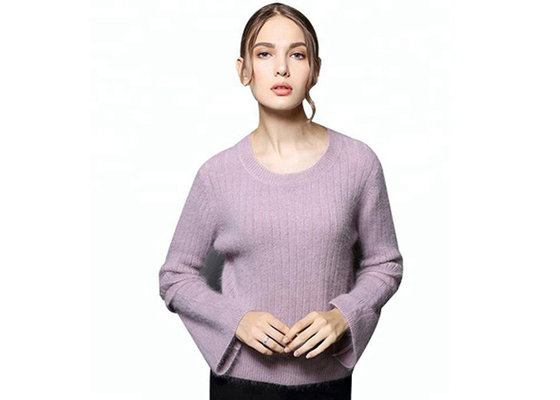 100% Angora Cozy Knit Purple Rabbit Crew Neck Angora Sweater For Ladies