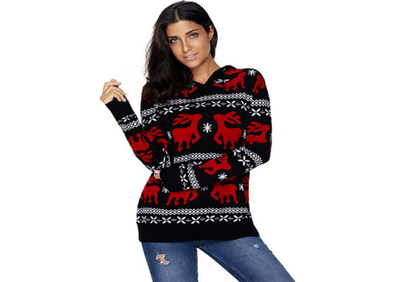 Women's Plus Size Ugly Black Christmas Reindeer Sweater Hoodie With Hat
