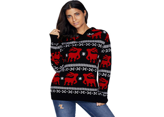 Women's Plus Size Ugly Black Christmas Reindeer Sweater Hoodie With Hat
