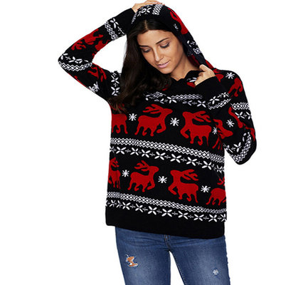 Women's Plus Size Ugly Black Christmas Reindeer Sweater Hoodie With Hat