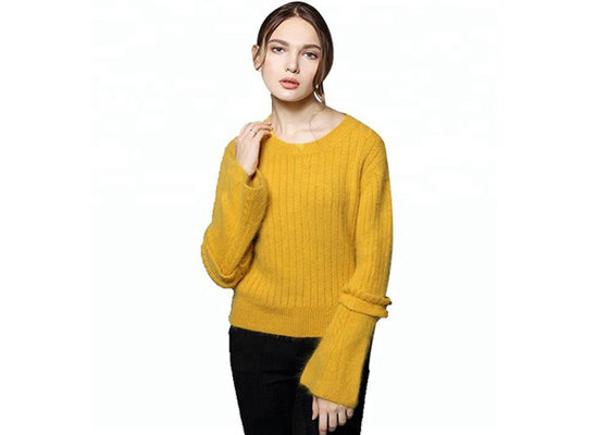 Yellow Round Neck Cozy Knit Sweater Mustard Keep Warm Angora Knitted For Women