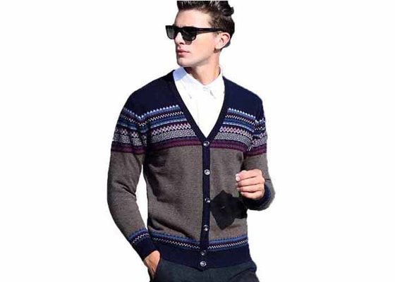 Men's V Neck Jacquard Wool Cardigan Sweater Button Knit Woolen Sweater For Mens