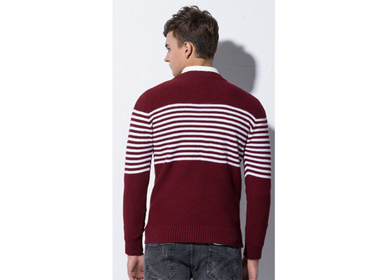 Mens Winter Slim Fit Round Neck Cotton Cable White and Red Striped Sweater