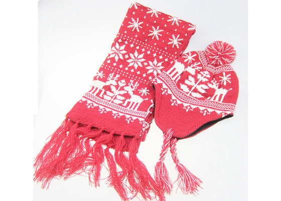 Warm Scarf Hat Gloves Gift Set , Kids Winter Accessories Red Elf Reindeer Pattern
