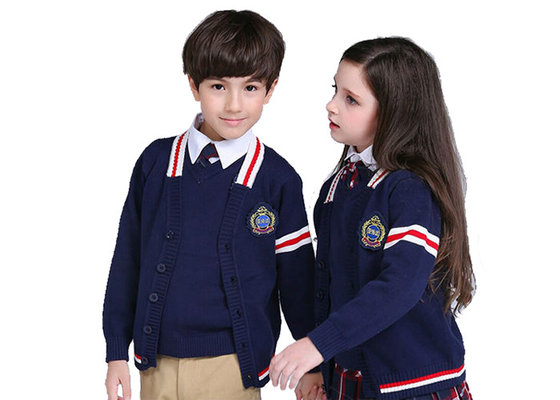 Custom British Style V Neck Stripe School Uniform Sweaters Cotton Primary School