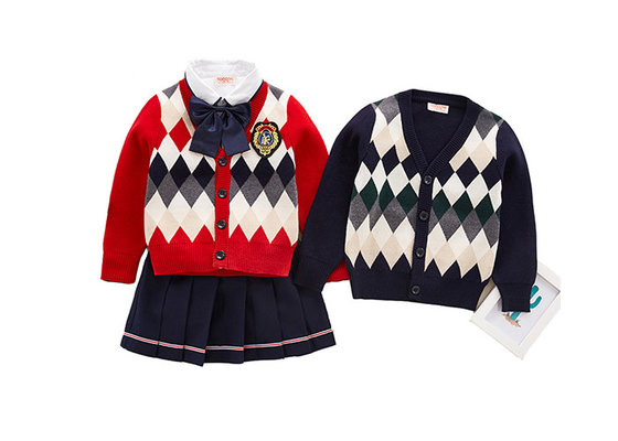 Embroidery Logo School Uniform Sweaters Red Navy Pure Cotton Argyle Pattern