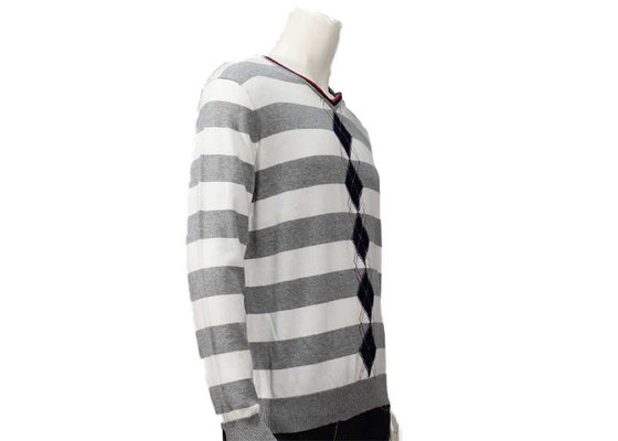 Mens Spring Intarsia Knitting Patterns V Neck Soft Yarn Striped Pullover Sweater