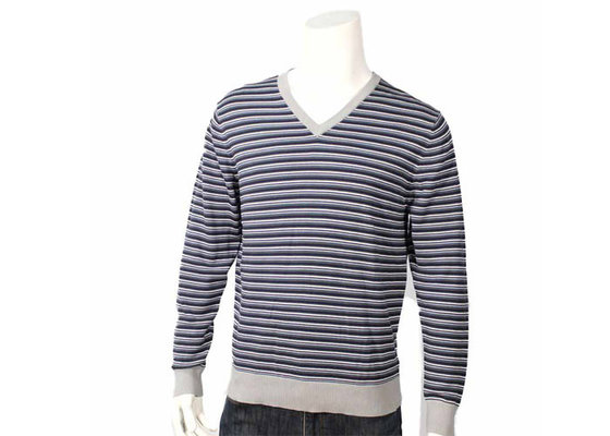 Mens Fine Knit Cotton Acrylic Jumper Or Sweater V Neck Rib Sleeve Stripe Pattern