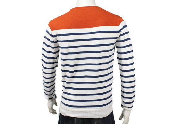 Plain Crew Neck Mens Knit Sweater For Spring And Autumn Blue And White Striped