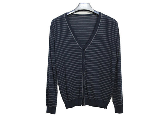 Long Sleeve Casual Mens Knit Sweater Cardigan White And Navy Color Striped