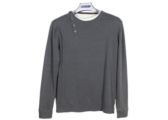 Long Sleeve Grey Color Mens Knit Sweater False Two Button Up On Shoulder