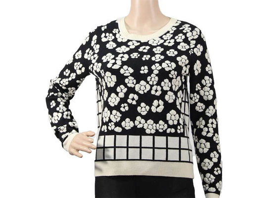 Spring Black Ladies Round Neck Jumper Jacquard Flower Pattern Sweater For Women