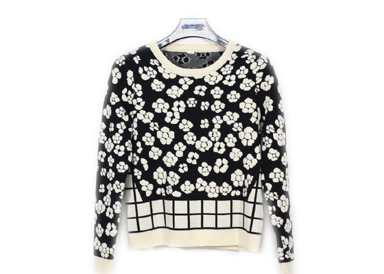 Spring Black Ladies Round Neck Jumper Jacquard Flower Pattern Sweater For Women