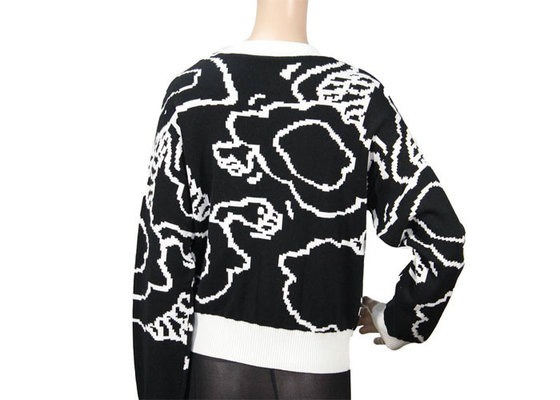 Pure Cotton Black And White Jacquard Womens Knit Sweater , Custom Spring Sweaters