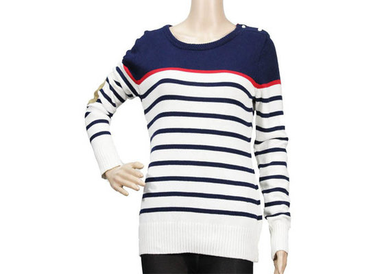 Classic Striped Womens Knit Sweater Slim Fit Crew Neck Button Up For Ladies