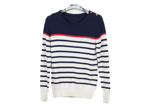 Classic Striped Womens Knit Sweater Slim Fit Crew Neck Button Up For Ladies