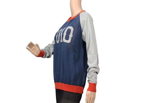 Round Neck Long Sleeve Oversized Knit Sweaters Blue Ladies Jacquard Pattern