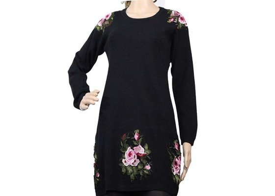 Classic Crew Neck Long Sleeve Womens Knit Sweater Black Color Embroidered