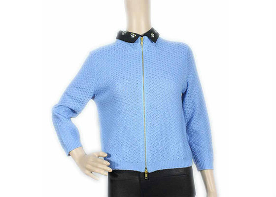 Light Blue Argyle Open Front Cardigan Zip Up Solid Color Sweater For Women