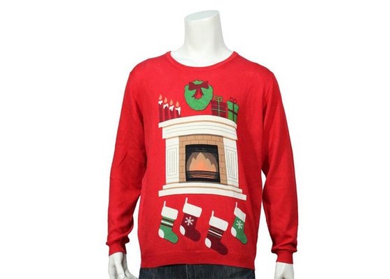 Mens Red Round Neck 12 Gauge Christmas Sweater With Fireplace Patterns For Adult
