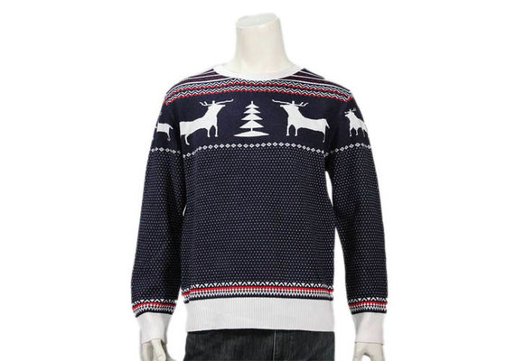 Men ' S 100% Cotton Reindeer Pine Christmas Pullover Jumper In Vavy And White