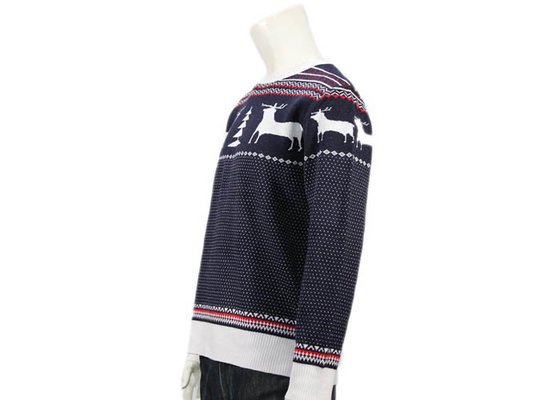 Men ' S 100% Cotton Reindeer Pine Christmas Pullover Jumper In Vavy And White