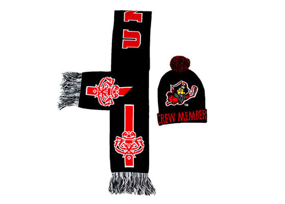 Black Jacquard Pattern Winter Accessories Beanie Hat With Scarf Set / Knit Pom