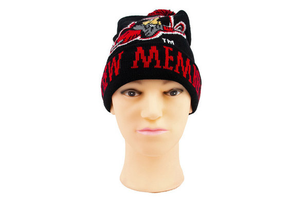 Black Jacquard Pattern Winter Accessories Beanie Hat With Scarf Set / Knit Pom