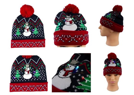 Acrylic And Cotton 7 Gauge Men Christmas Beanie Snowmen Pattern With LED Light