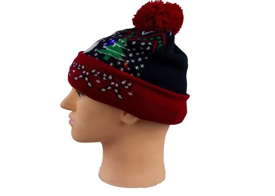 Acrylic And Cotton 7 Gauge Men Christmas Beanie Snowmen Pattern With LED Light