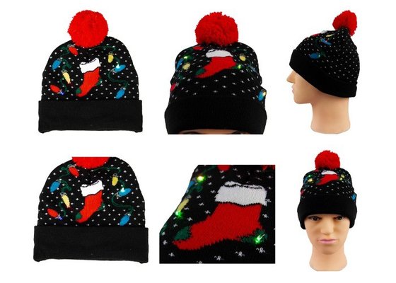 Cozy Knit Black Warm Winter Accessories LED Light Jacquard Soft Xmas Beanie Hat