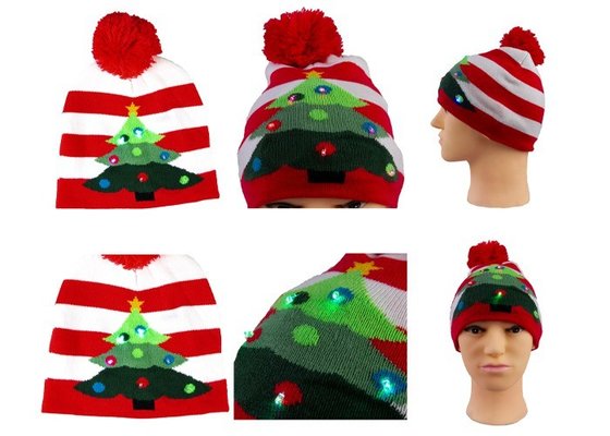 Lighted Unisex Xmas Beanie Hat Red Stripe Christmas Tree 7 Gauge Knit Pattern