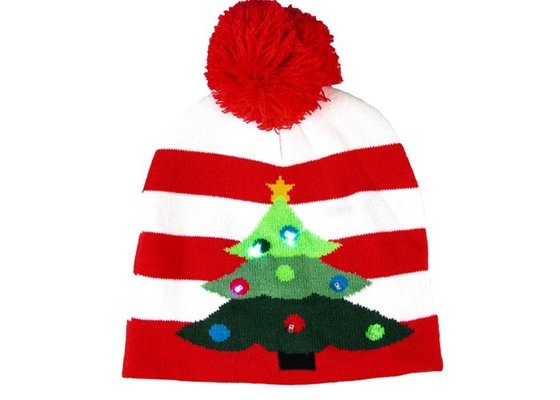 Lighted Unisex Xmas Beanie Hat Red Stripe Christmas Tree 7 Gauge Knit Pattern