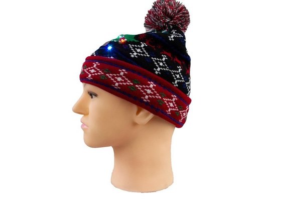 Adult Size Warm Winter Accessories Ugly Pom Jacquard Knit Led Christmas Beanie