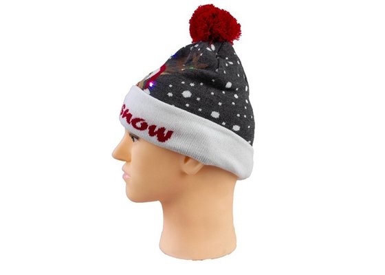 Grey Knitted 9GG Men Christmas Beanie Hats Lighted Pom Pom Ball For Christmas Day