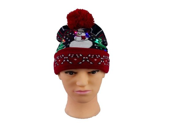 Acrylic And Cotton 7 Gauge Men Christmas Beanie Snowmen Pattern With LED Light
