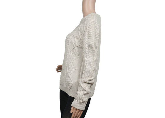 White Cable Round Neck Women Sweater Pure Cotton Thick 9 Gauge Knitted For Winter