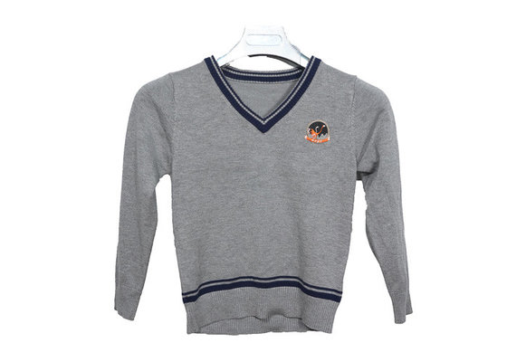 Autumn Cotton Kids Unisex Grey School Sweater V Neck Long Sleeve Knitwear Uniform