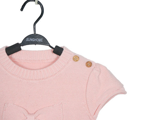 Spring Pink Plain Knitted Soft Knitwear Dress Short Sleeve Round Collar With Bow