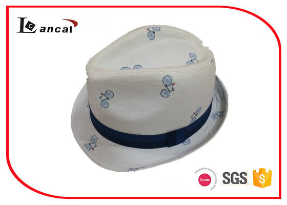 Bicycle Printing White Cotton Trilby Hat Women With Seamless Splicing Ridded Band
