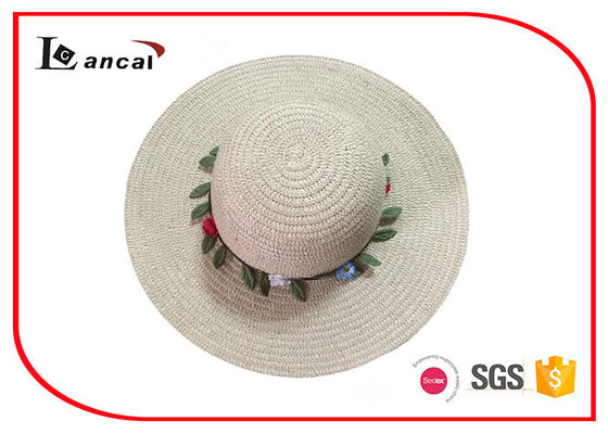 Floral Ribbon Womens Straw Fedora Hat , Wide Brim Floppy Straw Hat