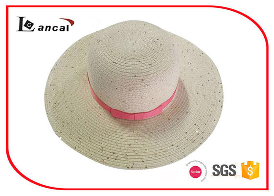 Sequined Ladies Crushable Wide Brimmed Straw Hat With Pink Bowknot Ribbed Band