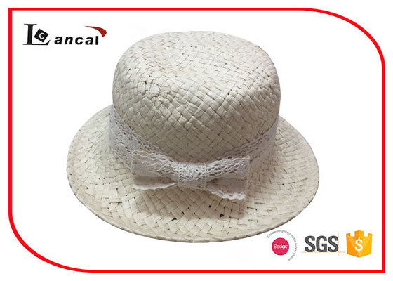 Cream Lace Bowknot Ribbon Flat Brim Straw Hat , 57cm Summer Boater Hat